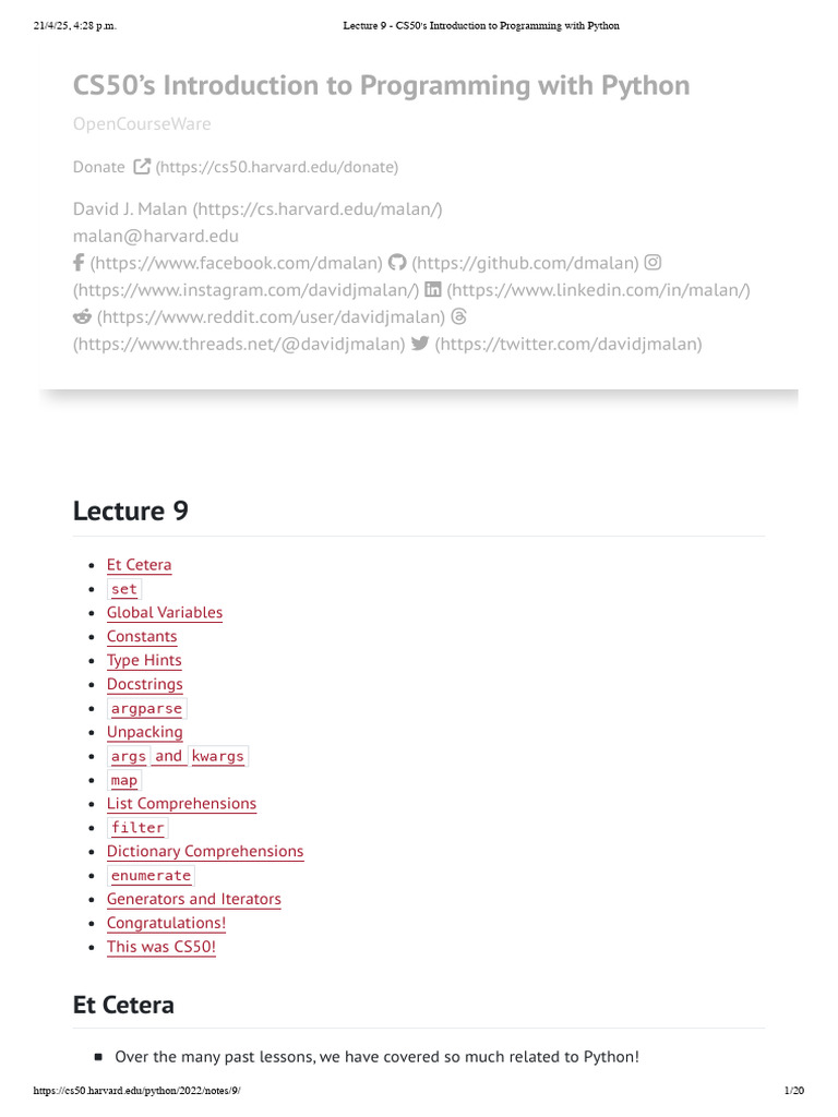 Lecture 9 - CS50's Introduction to Programming with Python | PDF | Parameter (Computer ...