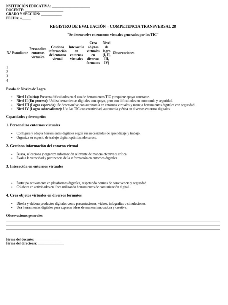 NSTITUCIÓN EDUCATIVA Formato Registro Tic Word | PDF