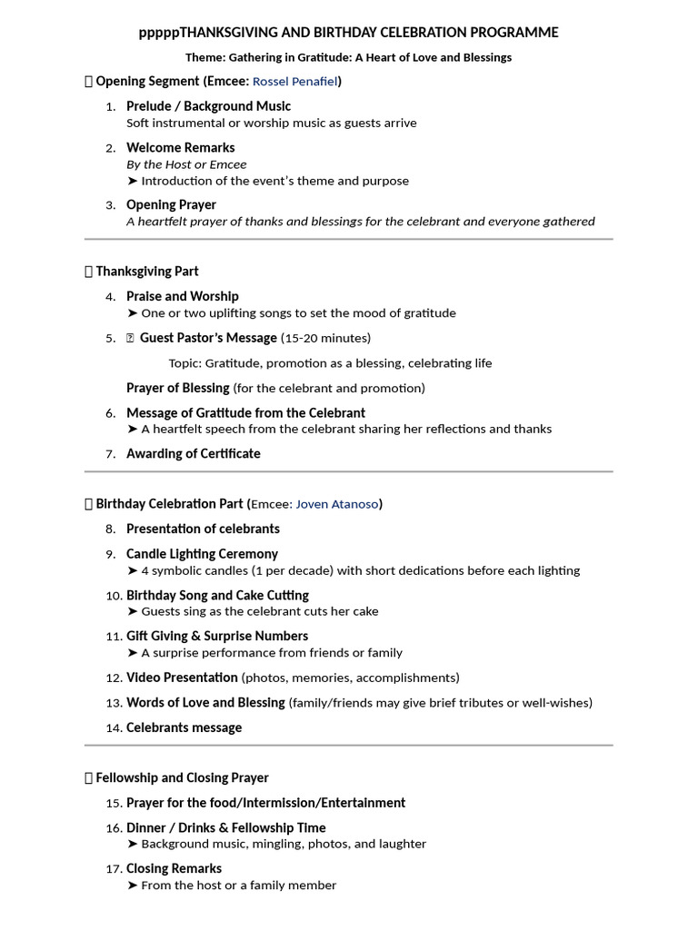 Thanksgiving and Birthday Celebration Program | PDF