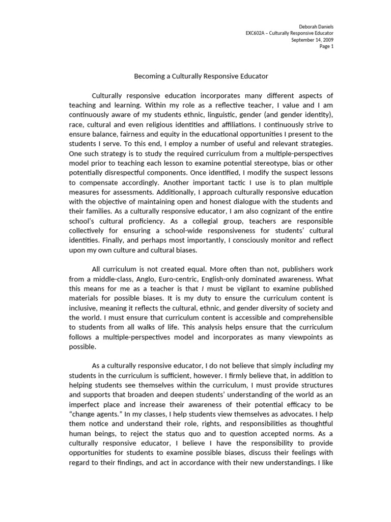 Becoming A Culturally Responsive Educator | PDF | Teachers | Bias