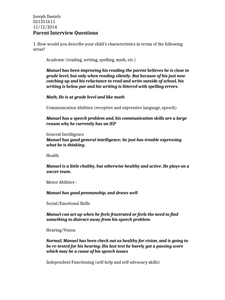 SPD 632 Parent Interview questions | PDF | Individualized Education ...