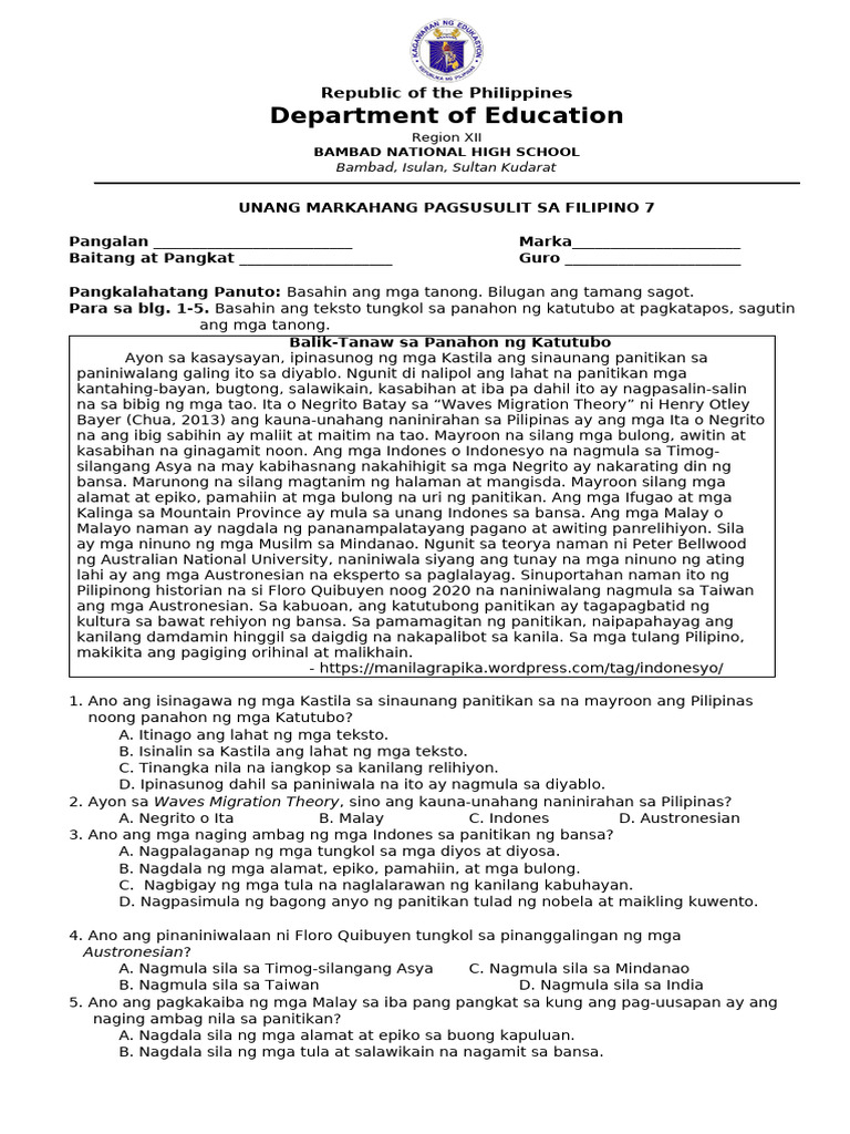 Markahang Pagsusulit Fil7 Q1 | PDF