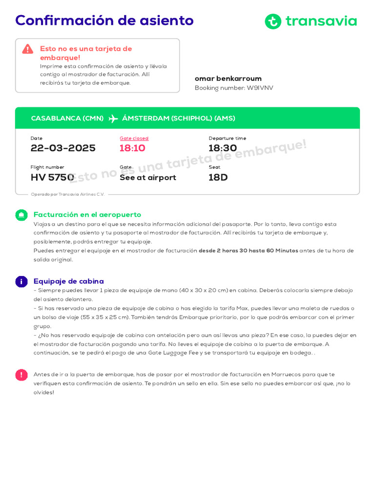 Transavia Seat Confirmation Omar Benkarroum | PDF