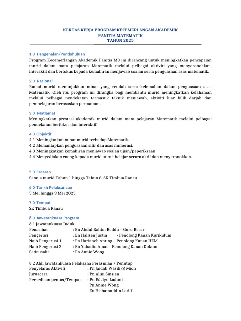 KERTAS KERJA PROGRAM KECEMERLANGAN AKADEMIK M3 2025 Draf | PDF