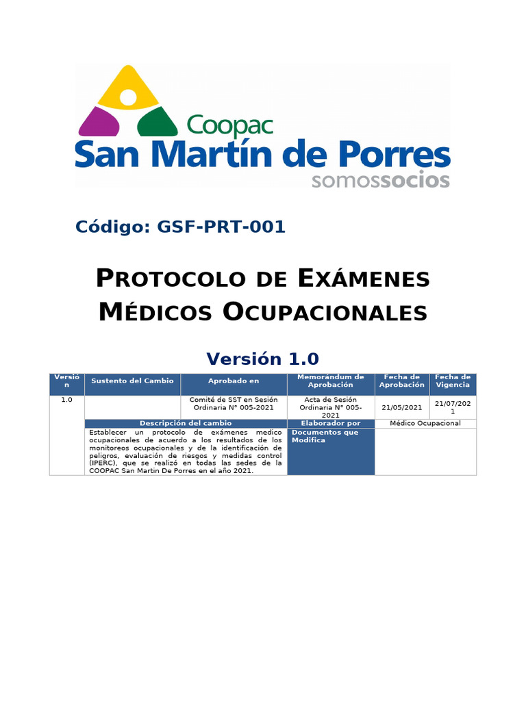 Protocolo de Examenes Médicos Ocupacionales v1.0 | PDF | Medicina CLINICA | Enfermedades y ...