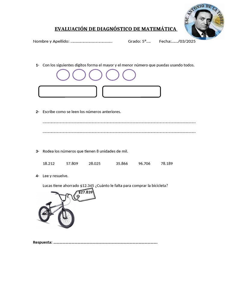 EVALUACIÓN DIAG. MATE | PDF