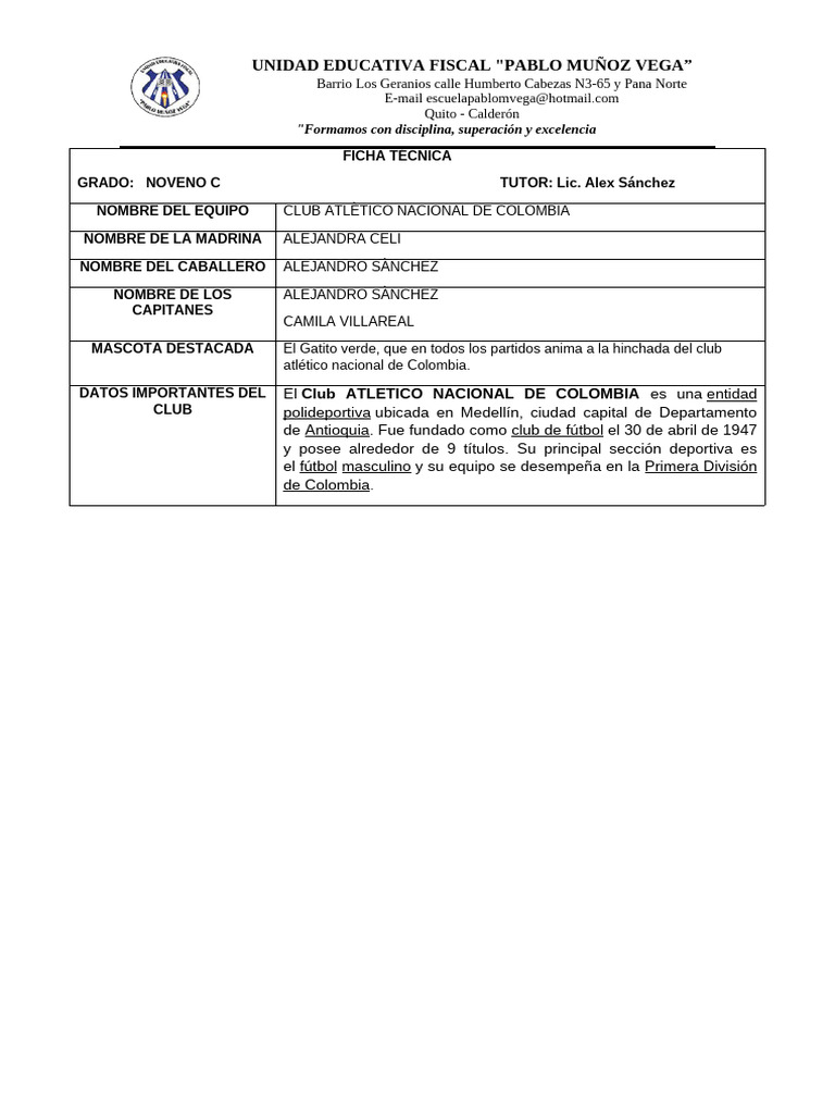 Ficha Tecnica Octavo B | PDF