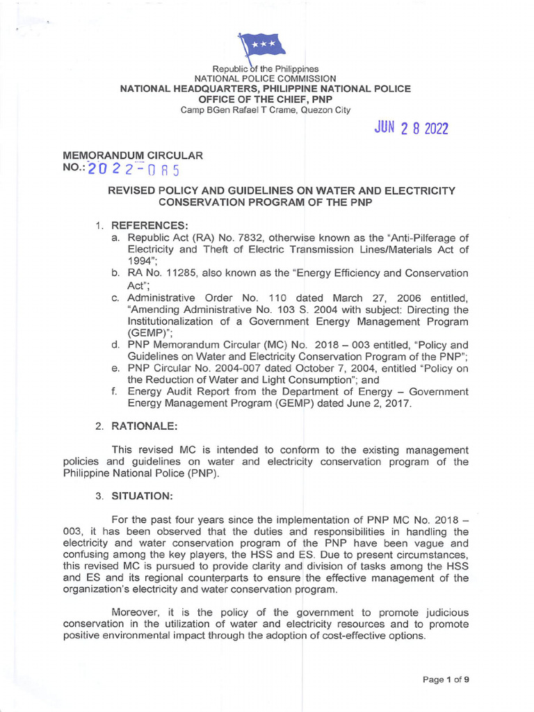 PNP MC No. 2022 085 Water and Electricity Conservation | PDF