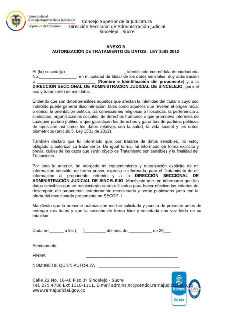 Anexo 5 Autorización Tratamiento de Datos Deaj | PDF | Etica social ...