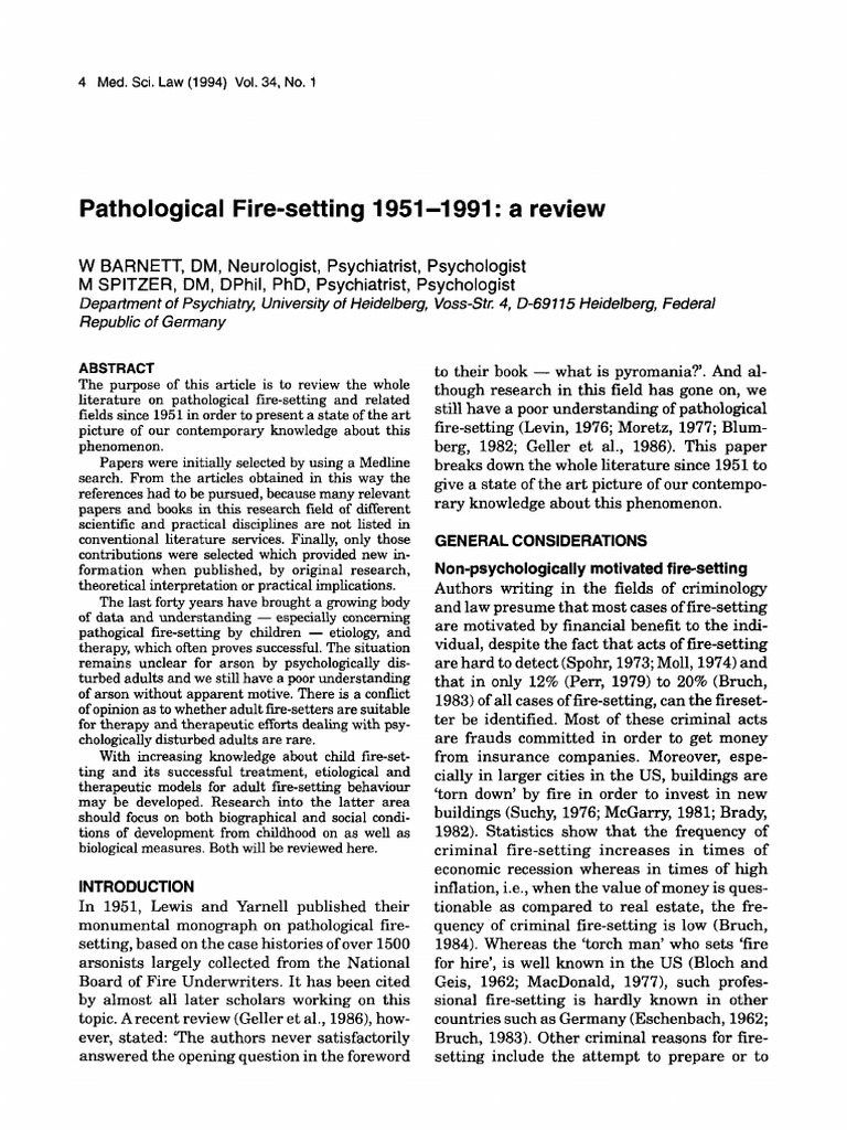 Barnett Spitzer 1994 Pathological Fire Setting 1951 1991 A Review | PDF ...