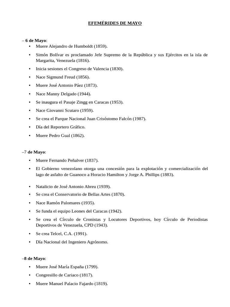 Efemérides de Mayo: Eventos Clave | PDF | Venezuela