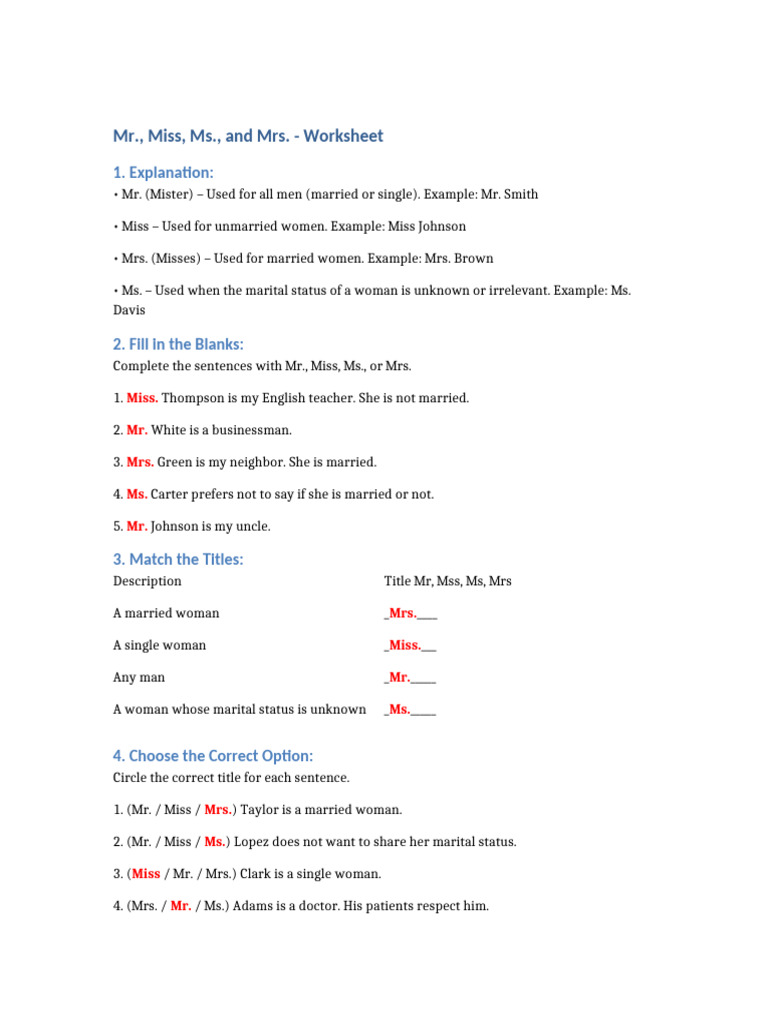 08-03-25 MR - Miss - Ms - Mrs - Worksheet | PDF
