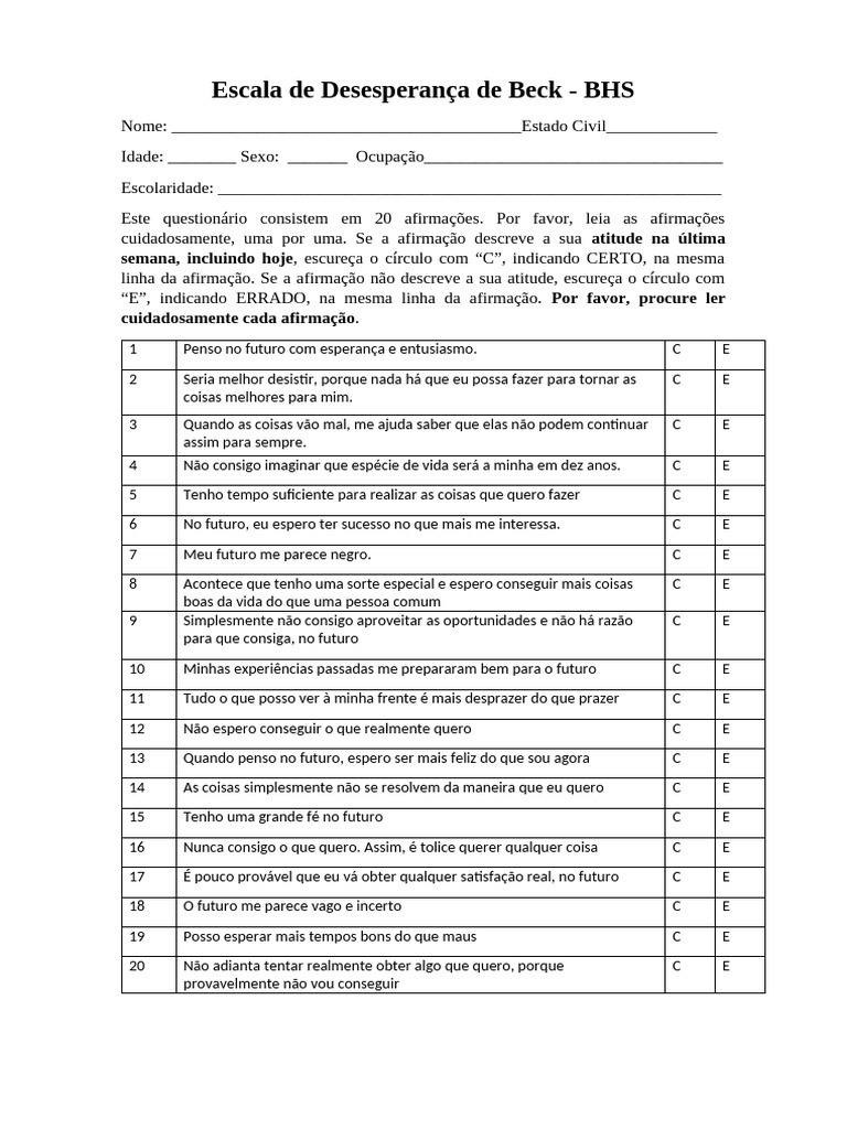 Escala de Desesperança de Beck - BHS | PDF | Atitude (Psicologia)
