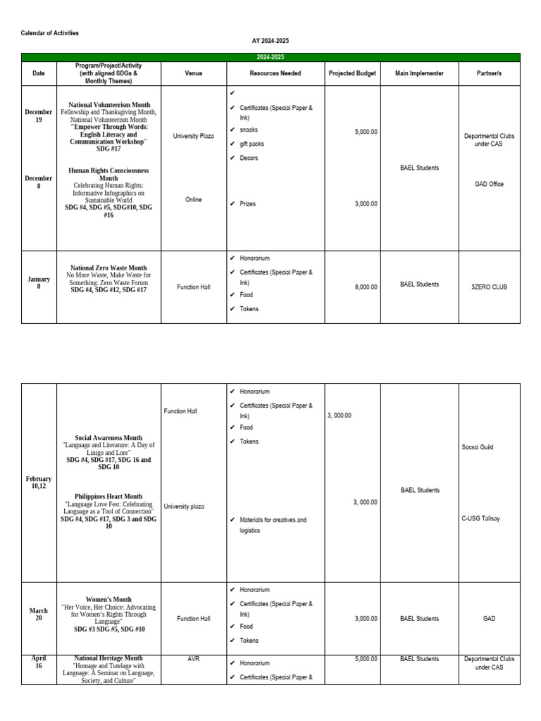 BAEL Calendar of Activities | PDF | Human Communication | Sustainability