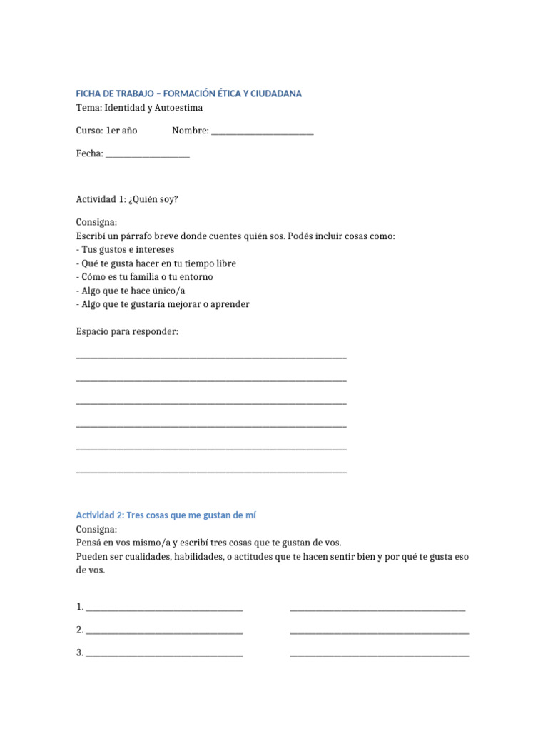 Ficha Identidad Autoestima | PDF