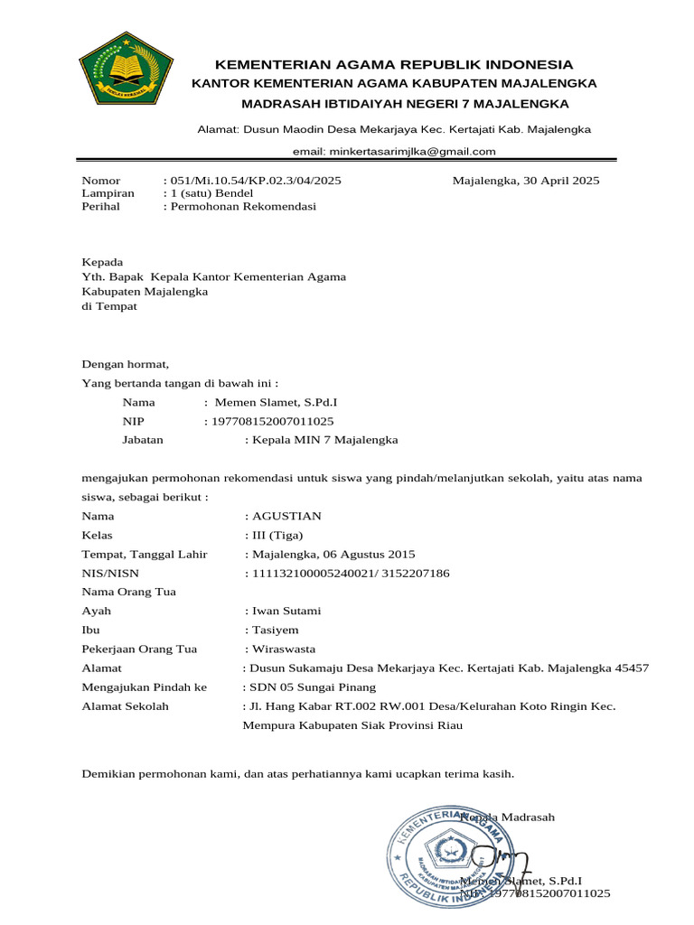 Contoh Permohonan Rekom Dan Surat Keterangan Pindah | PDF