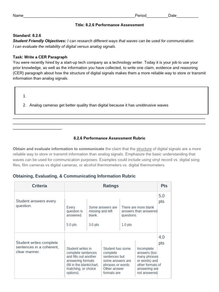 Copy of Revised 8.2.6 Performance Assessment w rubric | PDF ...
