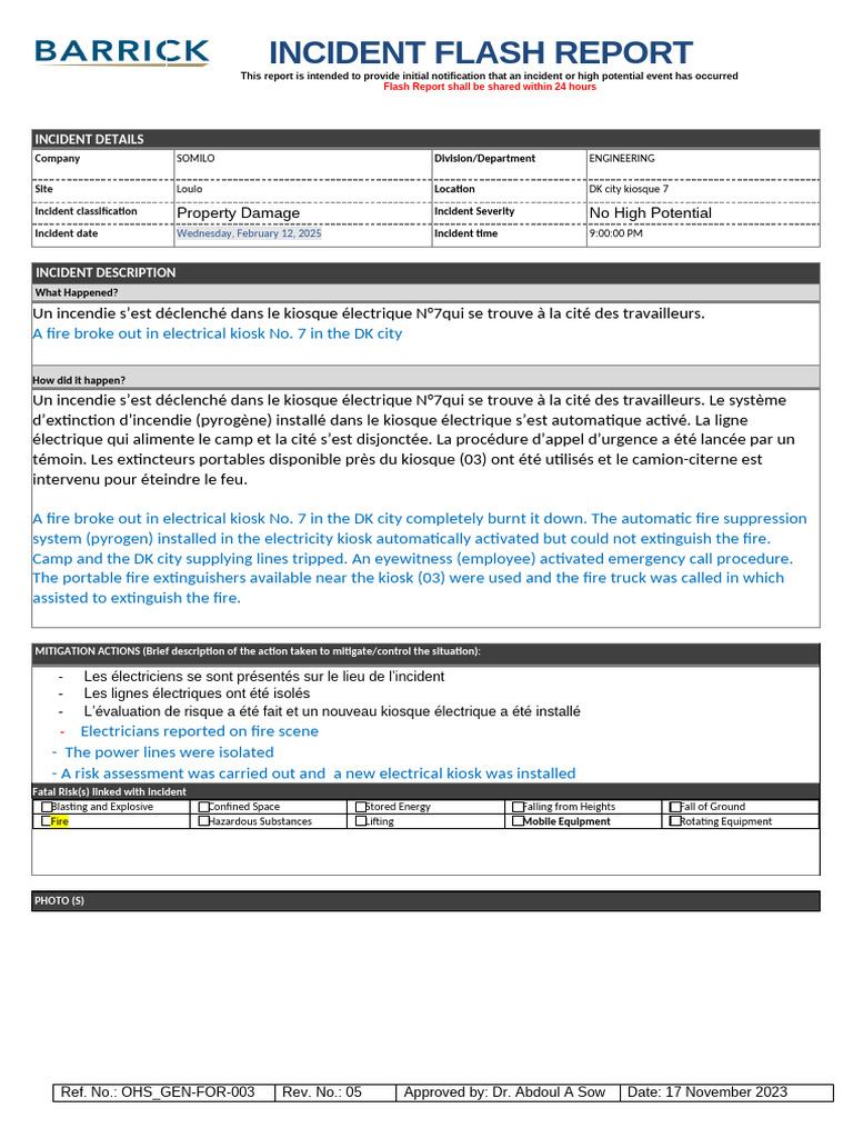 Kiosque 07 Fire Incident Flash Report | PDF | Safety | Public Safety