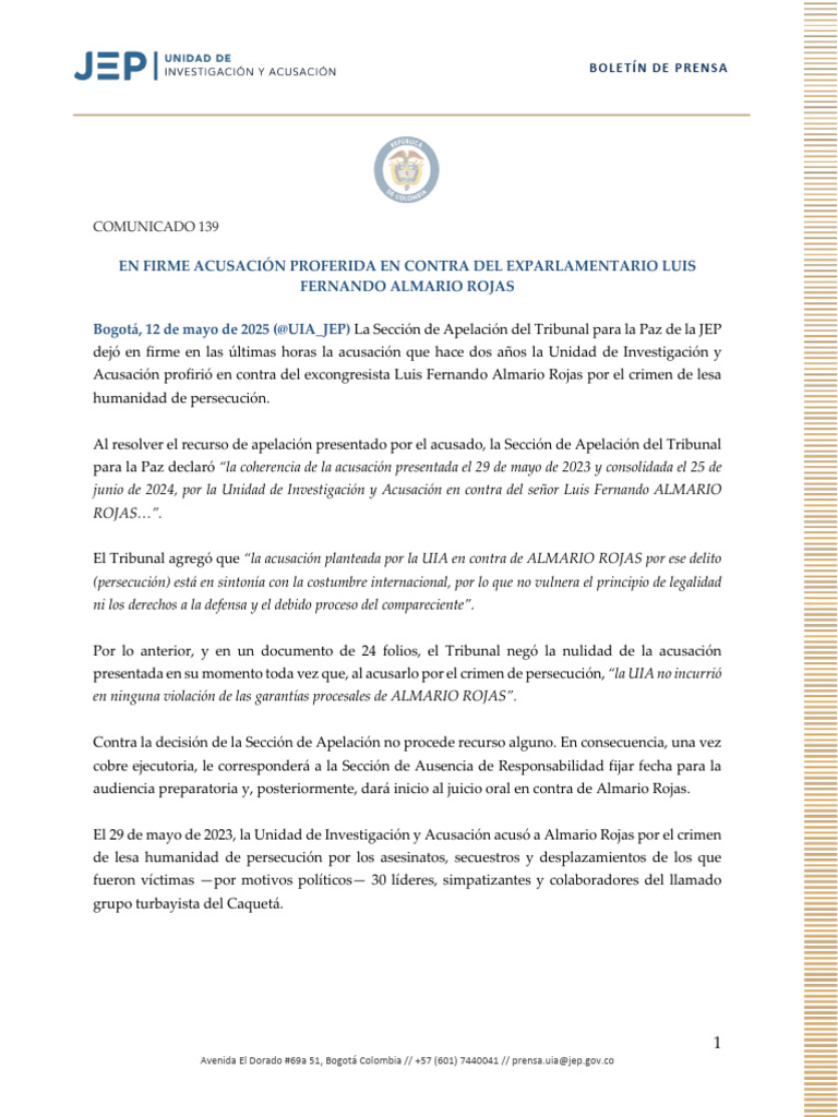 Comunicado UIA No. 139 - en Firme Acusación Proferida en Contra Del ...