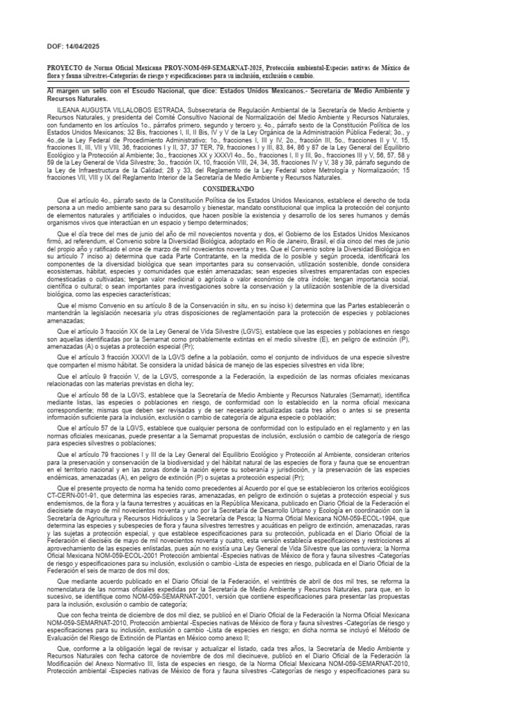 Dof Proy-059-Semarnat | PDF | Extinción | Biodiversidad