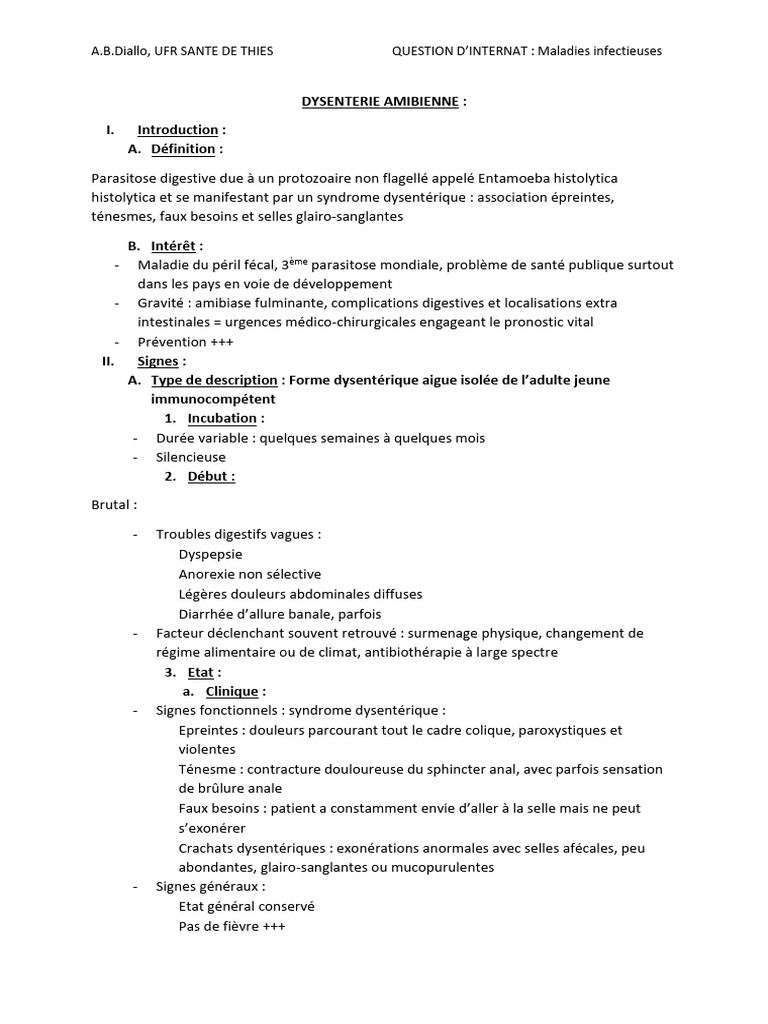 Dysenterie amibienne : symptômes et traitement | PDF | Spécialités ...