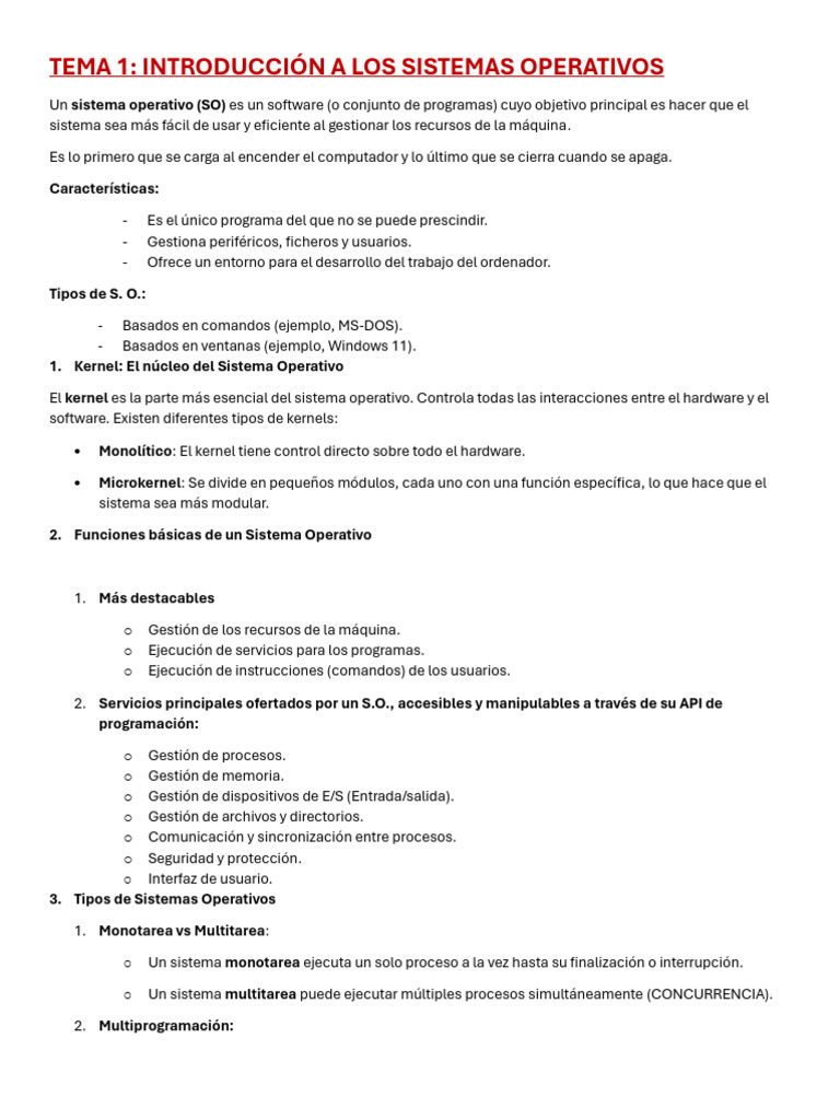 TEMA 1 - Introducción A Los Sistemas Operativos | PDF | Sistema operativo | Kernel (sistema ...