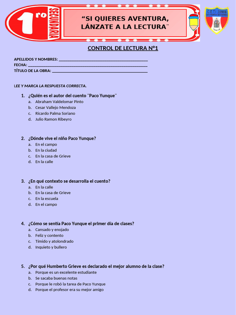 CONTROL DE LECTURA N 2 para Primero | PDF