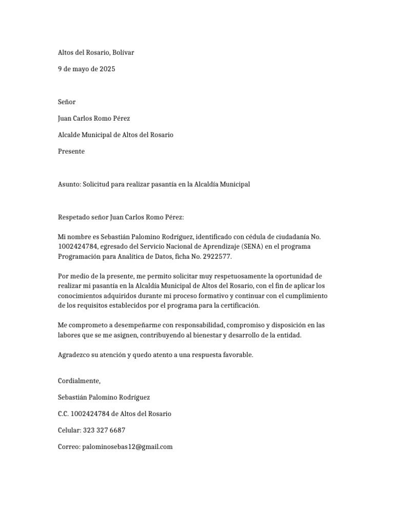 Carta Pasantia Sebastian Palomino | PDF