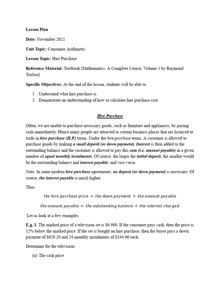 Hire Purchase Calculation Guide | PDF | Prices | Interest