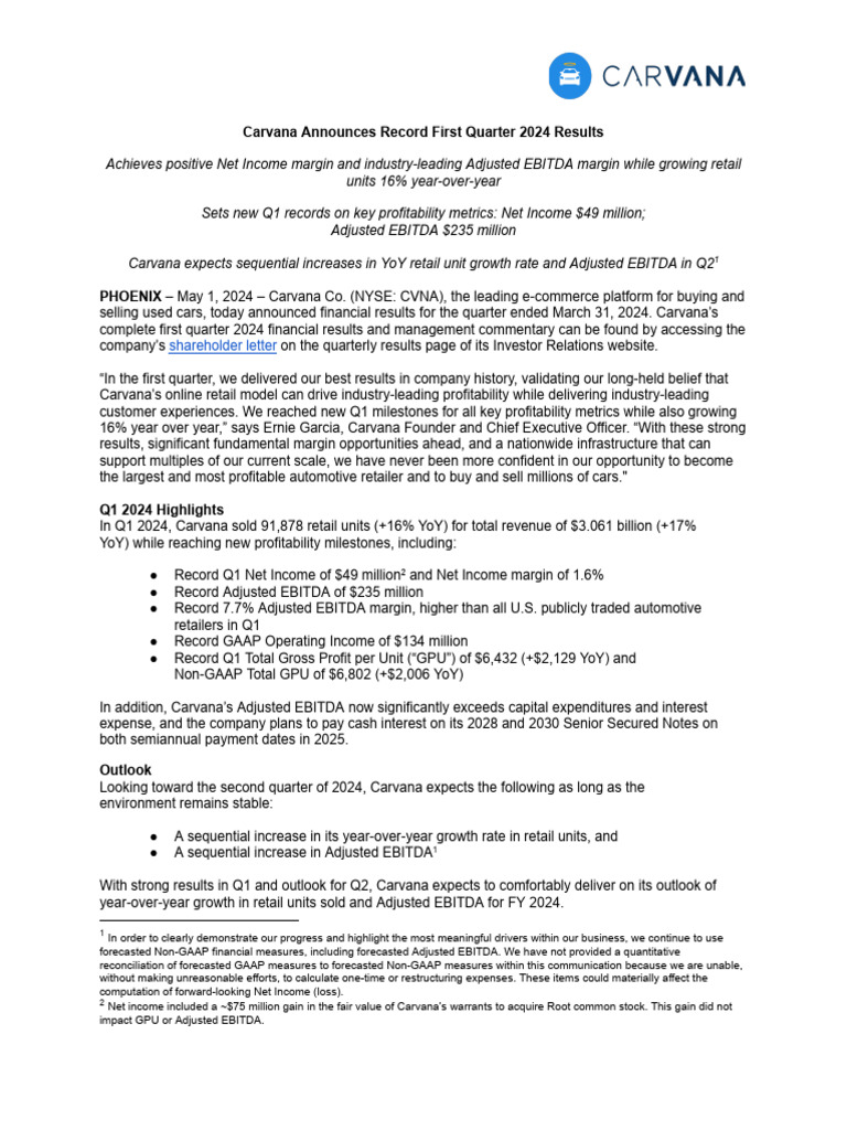 Cvna Earning Release q1 2024 | PDF | Economies | Business