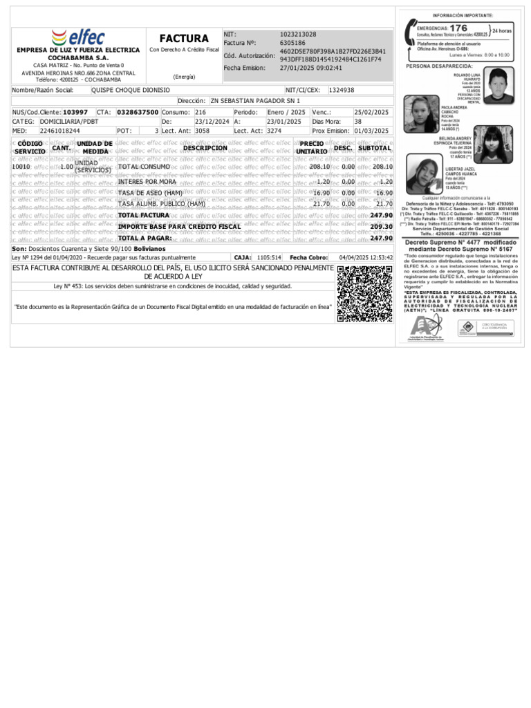 Comprobante (Pago de Energía Eléctrica ELFEC) 2025 - 04!04!12!54!36 | PDF