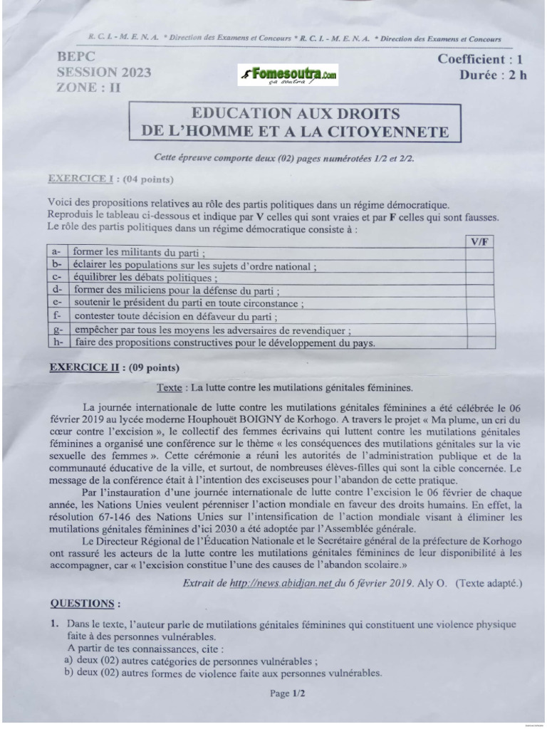 TIDIANE Bepc 2023 Edhc Zone 2 | PDF