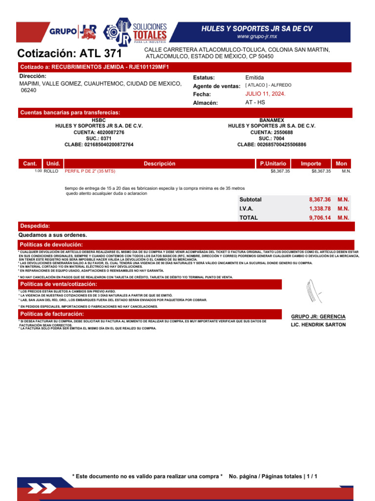 cotizacion empaque para horno perfil p | PDF | Servicios financieros | Bancario