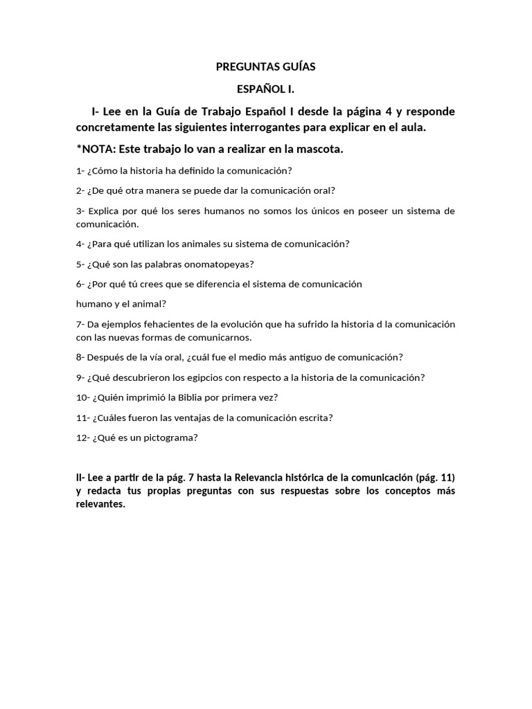 Preguntas Guías. Español I | PDF