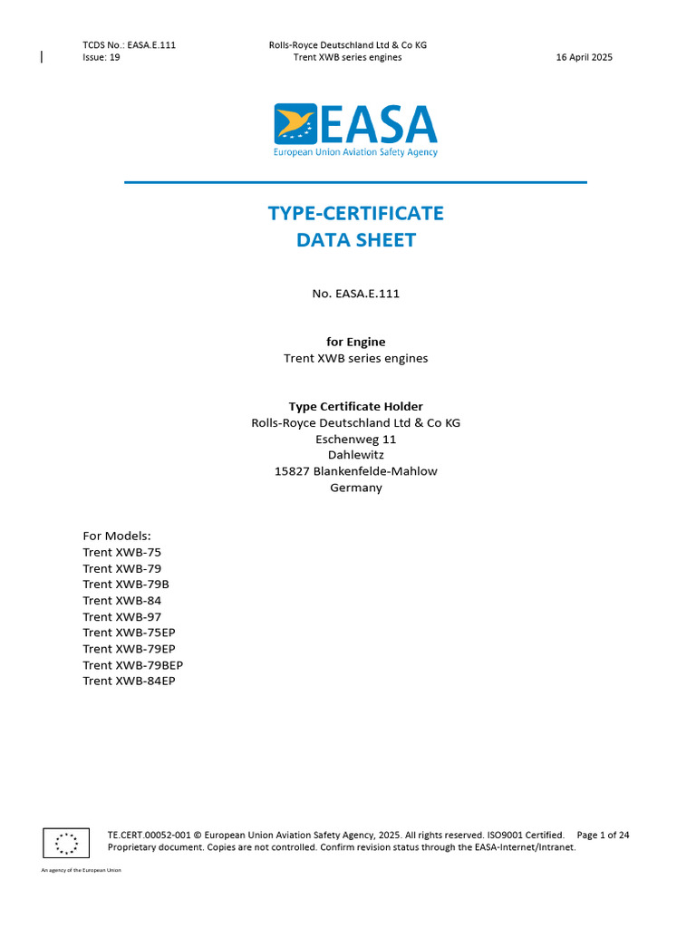 EASA E111 TCDS Issue20 Trent XWB | PDF | Propulsion | Rotating Machines