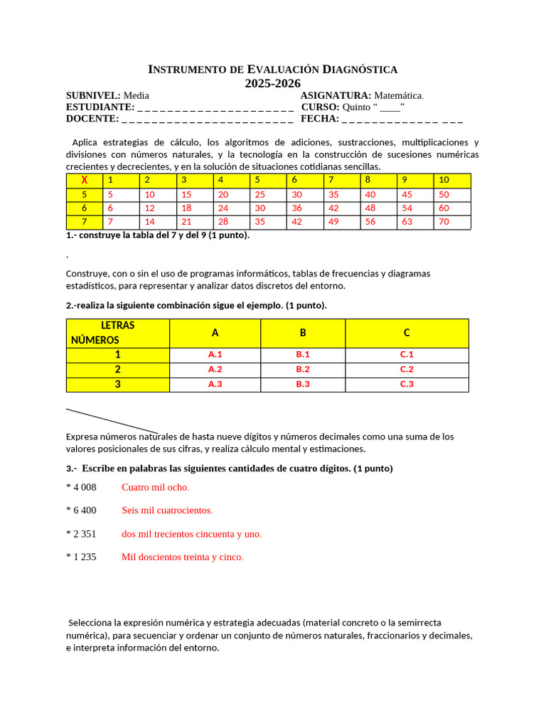 Evaluación Diagnóstica de Quinto Año Matematicas | PDF | Número natural | Decimal