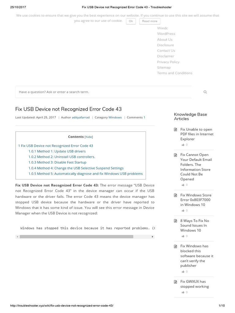 Fix USB Device Not Recognized Error Code 43 - Troubleshooter | PDF ...