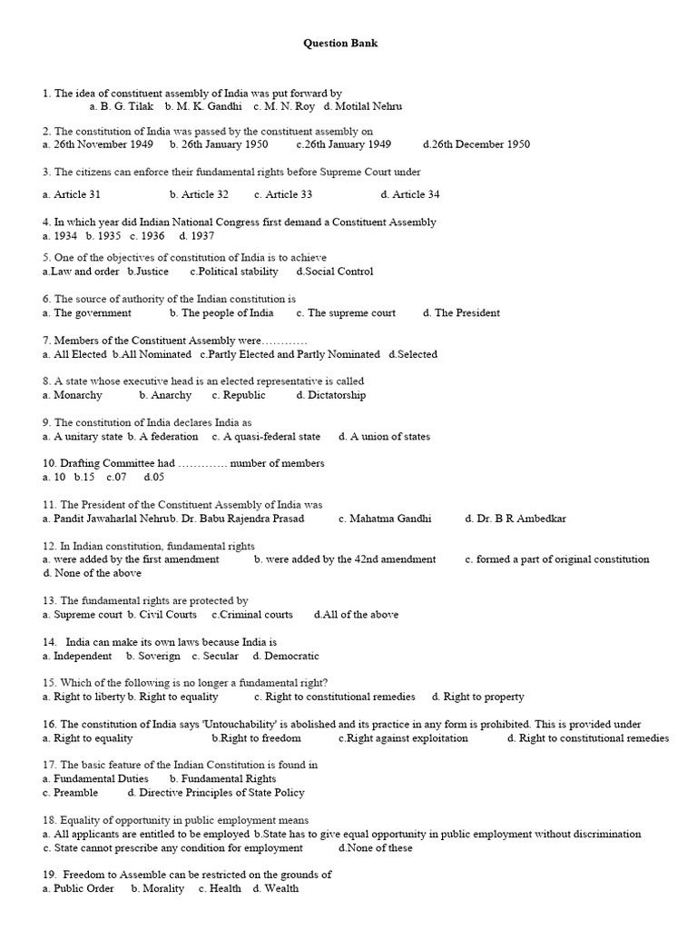IAT 1 Indian Constitution Question Bank 2024-25 Even Sem | PDF | Government | Statutory Law