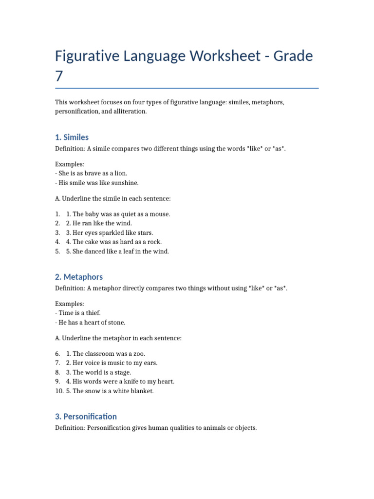 Figurative Language Worksheet Grade 7 | PDF