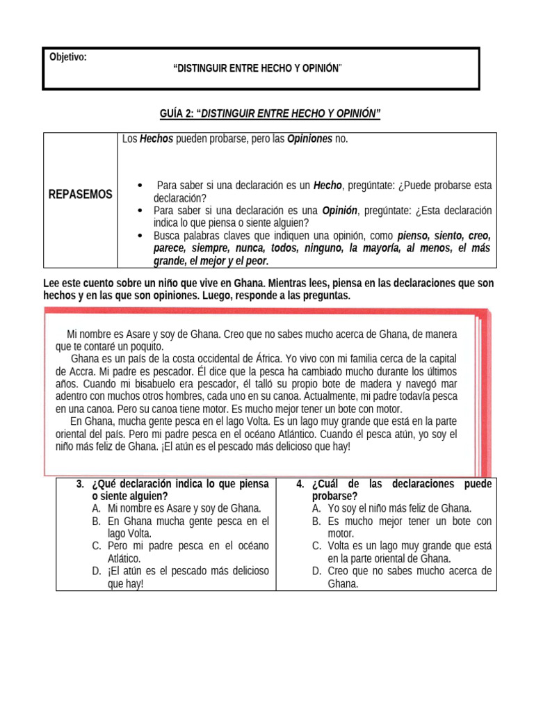 Guía N°2 Distinguir Entre Hecho y Opinion | PDF | Herida