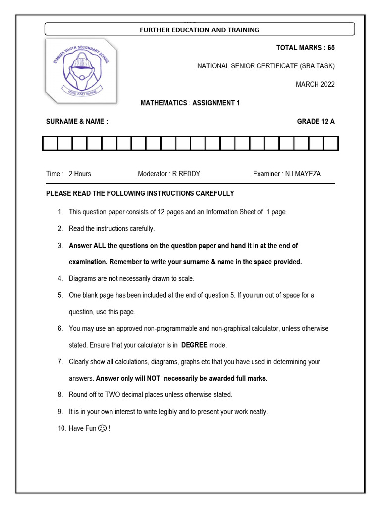 Grade 12 Assignment 2022 | PDF | Volume | Area
