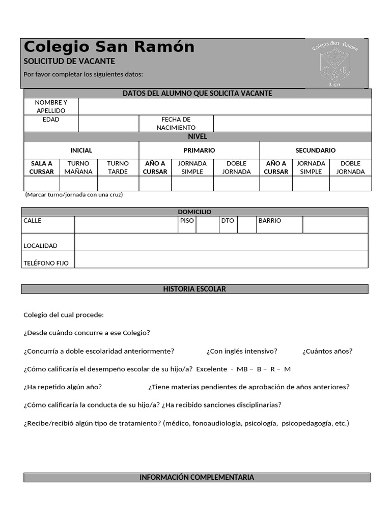Colegio San Ramon FICHA SOLICITUD DE VACANTE 2025 | PDF
