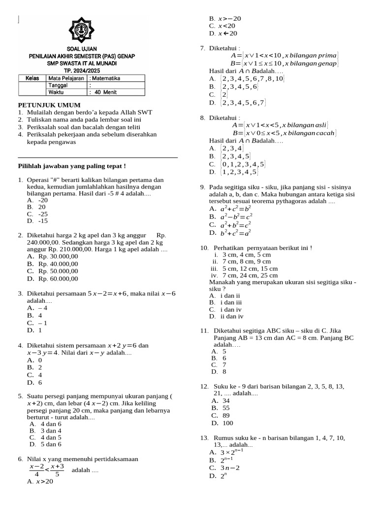 SOAL UAS MTK IX | PDF