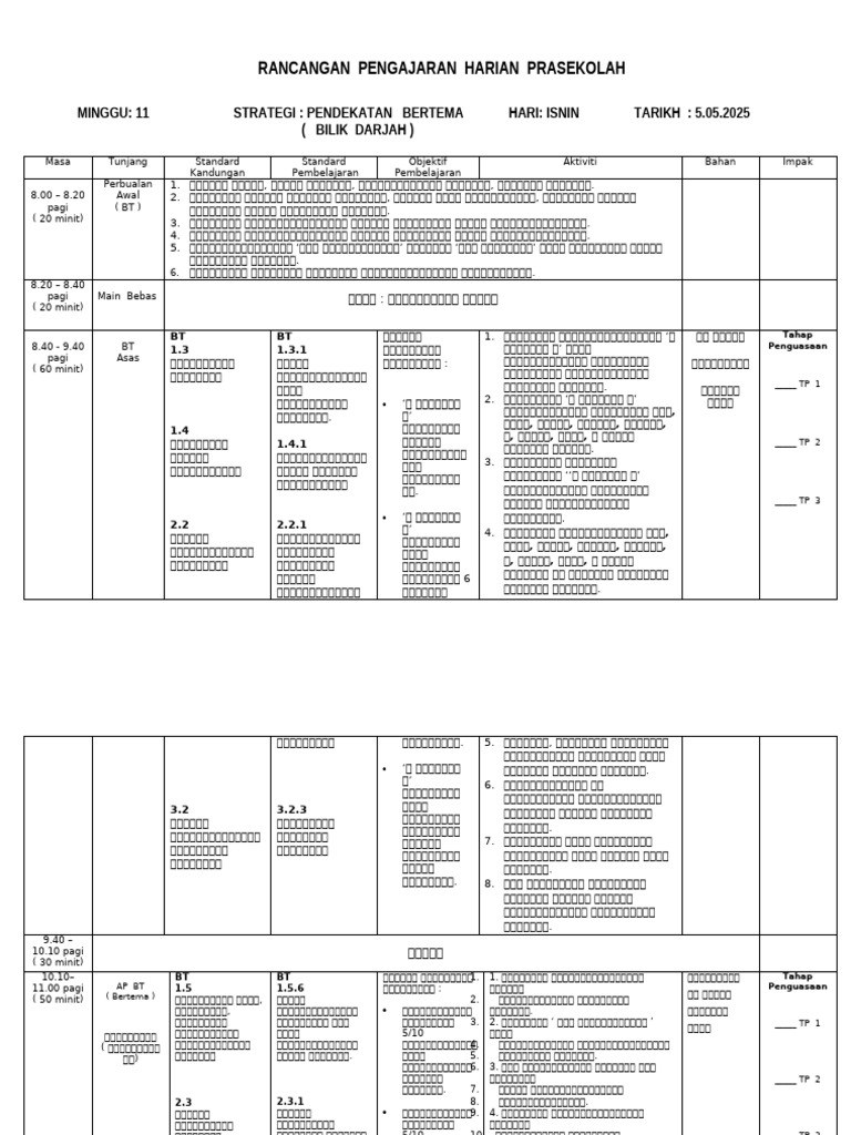 Rancangan Pengajaran Harian Prasekolah | PDF