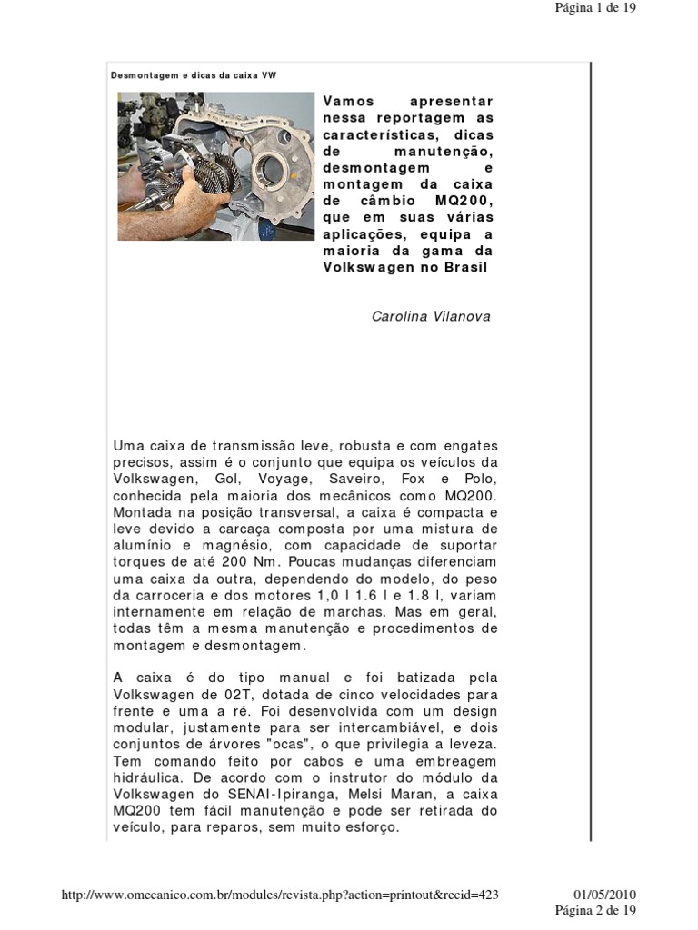 Câmbio MQ200 | PDF | Volkswagen | Transmissão (Mecânica)