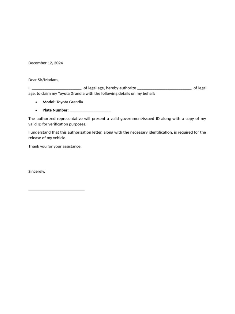 Authorization Letter For Pick Up of Car | PDF