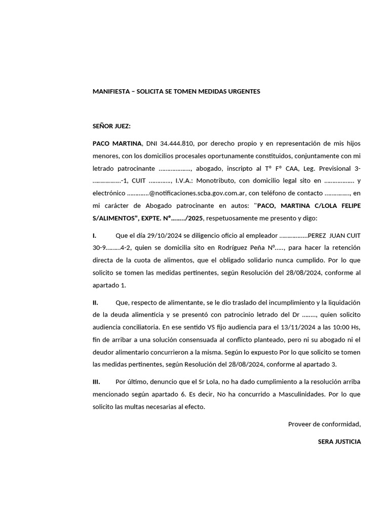 Manifiesta - Solicita Se Tomen Medidas Urgentes | PDF