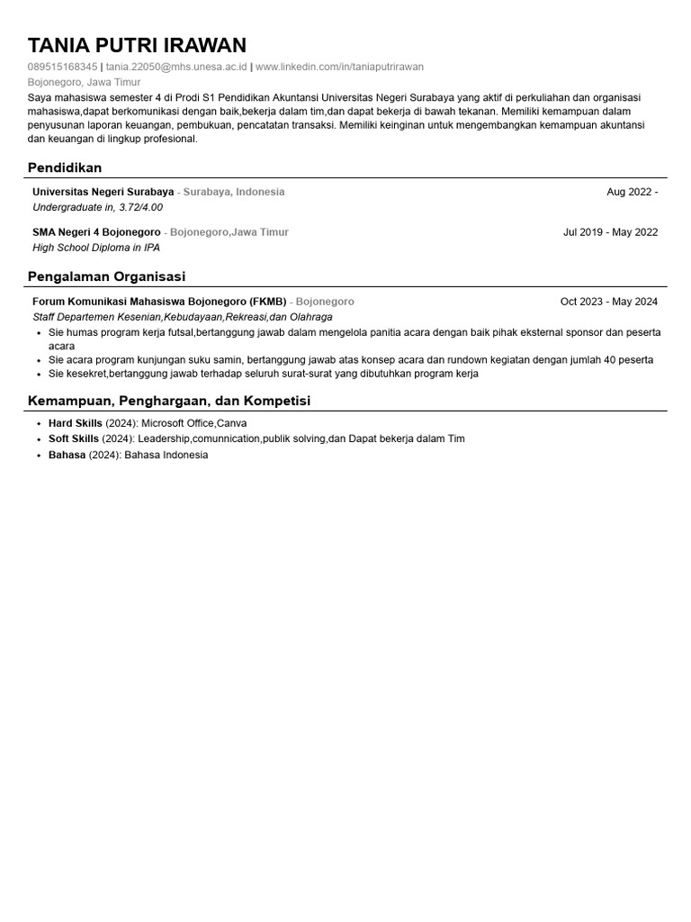 CV Tania Putri Irawan | PDF