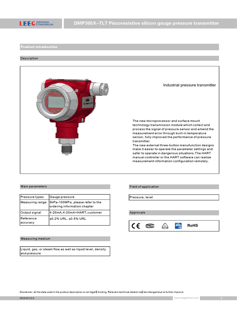 DMP305X-TLT (Gauge) Hasta 1000 Bar | PDF | Pressure Measurement | Pascal (Unit)