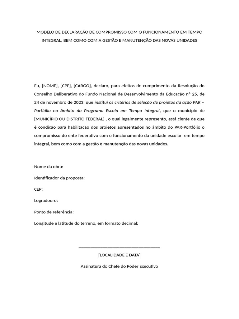 Modelo de Declaracao de Compromisso Com o Funcionamento Em Tempo ...